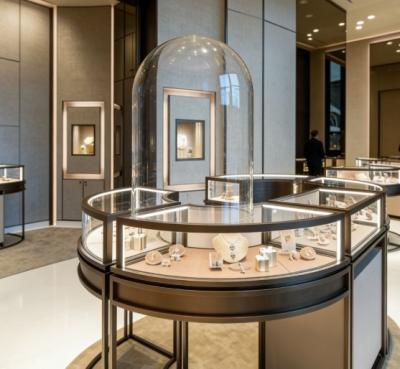China Cylindrical Jewelry Display Pedestal | Dark Bronze Metal Frame Glass Dome Enclosure | Tall Showcase Built-in LED Spotlights Mall for sale