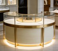 China Luxury Curved Jewelry Display Cabinet LED | Cream Color Solid Wood Gold Metal Frame | Middle Island Counter High-End Jewelry for sale