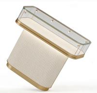 China Curved Jewelry Display Counter Reception Desk | Cream Color Gold Metal Edging | Semi-Circular Middle Island Counter Set Showroom for sale