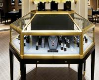 China High-End Octagonal Jewelry Island Counter Black Gold Stainless Steel Glass LED Display Cabinet Retro Luxury Showcase Necklace for sale