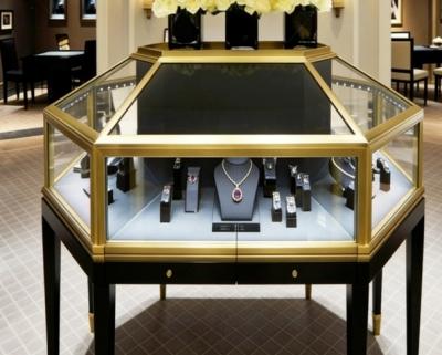 China High-End Octagonal Jewelry Island Counter Black Gold Stainless Steel Glass LED Display Cabinet Retro Luxury Showcase Necklace for sale