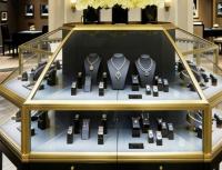 China High-End Octagonal Jewelry Island Counter Black Gold Stainless Steel Glass LED Display Cabinet Retro Luxury Showcase Necklace for sale