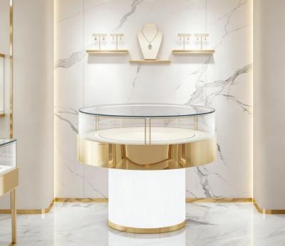 China High-End Gold Frame Jewelry Display Case Cylindrical Glass Showcase LED Lighting White Illuminated Luxury Jewelry Store for Mall for sale