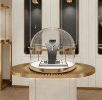 China High-End Custom Glass Dome Jewelry Display Counter Premium Gold Plated Metal White Lacquer Showcase LED Lighting Durable Luxury for sale