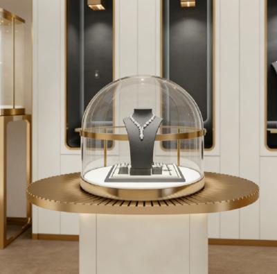China High-End Custom Glass Dome Jewelry Display Counter Premium Gold Plated Metal White Lacquer Showcase LED Lighting Durable Luxury for sale