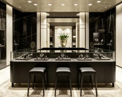China Custom Luxury Matte Black Jewelry Display Cabinet, Curved Counter for Luxury Jewelry Stores for sale