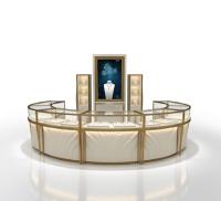 China Luxury Semi-Circular Jewelry Display Counter Custom Wave Pattern Wood Gold Glass Showcase LED Lighting Durable High Retail Store for sale