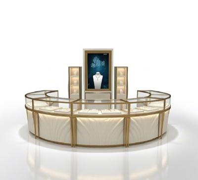 China Luxury Semi-Circular Jewelry Display Counter Custom Wave Pattern Wood Gold Glass Showcase LED Lighting Durable High Retail Store for sale