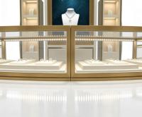 China Luxury Semi-Circular Jewelry Display Counter Custom Wave Pattern Wood Gold Glass Showcase LED Lighting Durable High Retail Store for sale