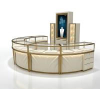 China Luxury Semi-Circular Jewelry Display Counter Custom Wave Pattern Wood Gold Glass Showcase LED Lighting Durable High Retail Store for sale