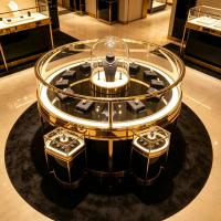 China Luxurious Round Gold High-end Jewelry Display Case, a Lavish Central Display Cabinet Featuring LED Lighting and a Glass Top for sale