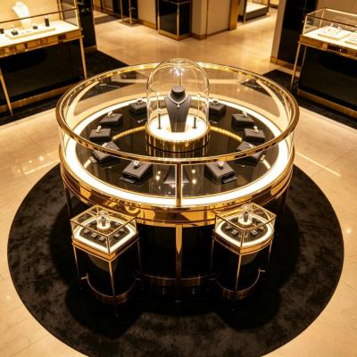 China Luxurious Round Gold High-end Jewelry Display Case, a Lavish Central Display Cabinet Featuring LED Lighting and a Glass Top for sale