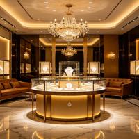 China GZowin Luxurious Round Gold High-end Jewelry Display Case with LED Lighting Glass Top Eco-Friendly Durable for Museum Retail Use for sale