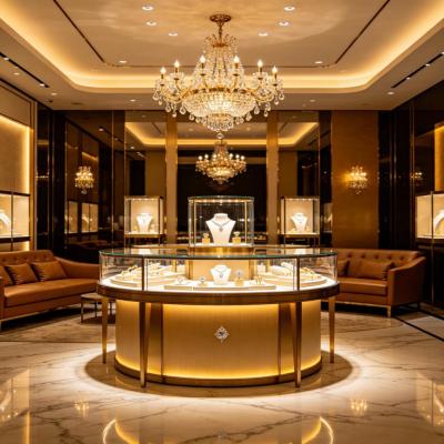 China GZowin Luxurious Round Gold High-end Jewelry Display Case with LED Lighting Glass Top Eco-Friendly Durable for Museum Retail Use for sale