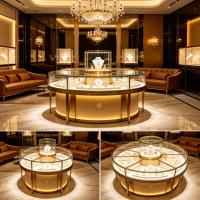 China GZowin Luxurious Round Gold High-end Jewelry Display Case with LED Lighting Glass Top Eco-Friendly Durable for Museum Retail Use for sale