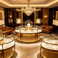 China GZowin Luxurious Round Gold High-end Jewelry Display Case with LED Lighting Glass Top Eco-Friendly Durable for Museum Retail Use for sale