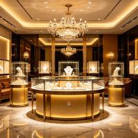 China GZowin Luxurious Round Gold High-end Jewelry Display Case with LED Lighting Glass Top Eco-Friendly Durable for Museum Retail Use for sale