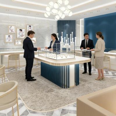 China Modern Luxury Oval Jewelry Display Case | High-End Blue and White Striped Glass Display Case with Lighting | Display Stand for sale