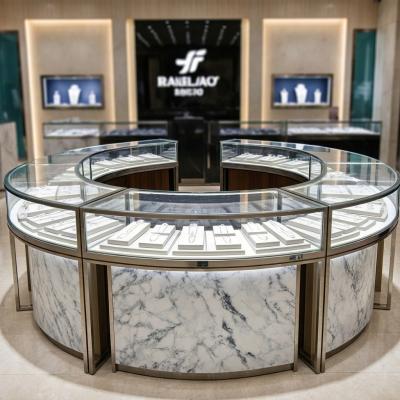 China Modern Semi-Circular U-Shaped Jewelry Display Case  Modular Curved Glass Counter  Diamond and Silver Jewelry Island Display Case for sale
