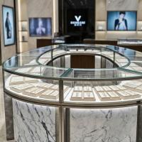 China Modern Semi-Circular U-Shaped Jewelry Display Case  Modular Curved Glass Counter  Diamond and Silver Jewelry Island Display Case for sale