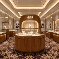 China Curved Wooden Jewelry Island Counter with Glass Jewelry Display Cabinets Featuring Storage Doors and LED Lighting for sale