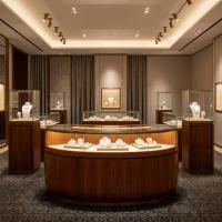 China Curved Wooden Jewelry Island Counter with Glass Jewelry Display Cabinets Featuring Storage Doors and LED Lighting for sale