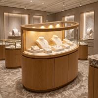 China Curved Wooden Jewelry Island Counter with Glass Jewelry Display Cabinets Featuring Storage Doors and LED Lighting for sale