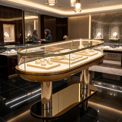 China Metal Oval Jewelry Island Display  High-End Luxury Jewelry Display Stand  Curved Glass Jewelry Display Case with LED Lighting for sale