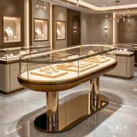 China Metal Oval Jewelry Island Display  High-End Luxury Jewelry Display Stand  Curved Glass Jewelry Display Case with LED Lighting for sale