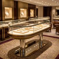China Metal Oval Jewelry Island Display  High-End Luxury Jewelry Display Stand  Curved Glass Jewelry Display Case with LED Lighting for sale