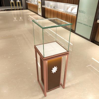 China Luxury Vertical Jewellery Display Cabinet Illuminated Side Panel Glass Display Pedestal for High-End Diamond Ring Necklace Store for sale