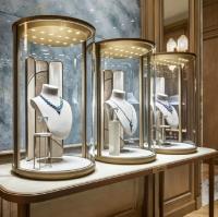 China Premium Round Glass Jewelry Display Pedestal, Custom Champagne Gold Frame with LED Lighting for Luxury Boutiques for sale