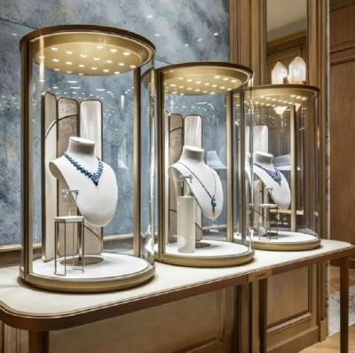 China Premium Round Glass Jewelry Display Pedestal, Custom Champagne Gold Frame with LED Lighting for Luxury Boutiques for sale