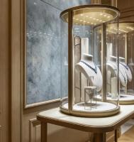 China Premium Round Glass Jewelry Display Pedestal, Custom Champagne Gold Frame with LED Lighting for Luxury Boutiques for sale