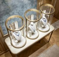 China Premium Round Glass Jewelry Display Pedestal, Custom Champagne Gold Frame with LED Lighting for Luxury Boutiques for sale
