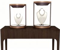 China Luxury Dark Wood Rose Gold Jewelry Display Set Complete Turnkey Fixture Package Pedestal Base Cylindrical Necklace Showcase LED for sale