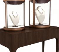 China Luxury Dark Wood Rose Gold Jewelry Display Set Complete Turnkey Fixture Package Pedestal Base Cylindrical Necklace Showcase LED for sale