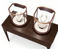 China Luxury Dark Wood Rose Gold Jewelry Display Set Complete Turnkey Fixture Package Pedestal Base Cylindrical Necklace Showcase LED for sale