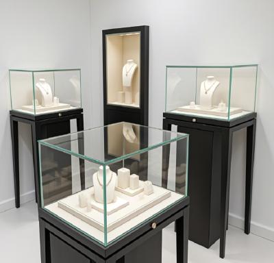 China Modern Minimalist Black & Gold Pedestal Jewelry Display Set, Complete Turnkey Glass Showcase Collection for sale