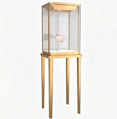 China Luxury Champagne Gold Tall Pedestal Jewelry Display Case, Modern Museum Style Showcase with LED Lighting & Lockable Glass Top for sale