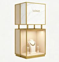 China Luxury Gold & Marble Jewelry Display Case, Custom Logo Pedestal Showcase with LED Lighting for Boutiques for sale