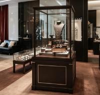 China Luxury Dark Wood Jewelry Display Case, Museum Style Floor-Standing Showcase with LED Lighting & Lockable Glass Top for sale