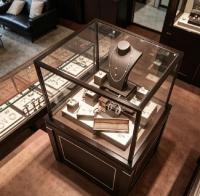 China Luxury Dark Wood Jewelry Display Case, Museum Style Floor-Standing Showcase with LED Lighting & Lockable Glass Top for sale