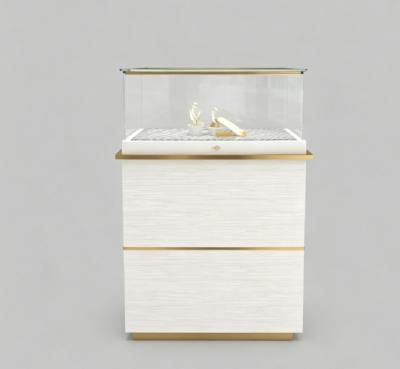China Luxury White Wood & Gold Jewelry Display Pedestal, Modern Floor-Standing Showcase with LED Lighting & Lockable Glass Top for sale