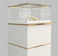 China Luxury White Wood & Gold Jewelry Display Pedestal, Modern Floor-Standing Showcase with LED Lighting & Lockable Glass Top for sale