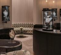 China Modern Dark Industrial LED Suspended Jewelry Display Case VIP Lounge Set High End Custom Design for Luxury Boutique Retail Store for sale