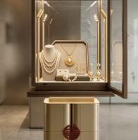 China Luxury Gold & Wood Pedestal Jewelry Display Case, Oriental Style Tall Showcase with LED Lighting for Boutiques & Museums for sale