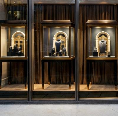 China Classic Tall Glass Jewelry Showcase with Arched Backdrop and LED Lighting Luxury Store Pedestal for Necklaces & Jewelry Sets for sale