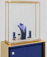 China Luxury Blue Gold Jewelry Showcase Custom Stainless Steel Glass Pedestal Cabinet LED Light Necklace Ring Retail Store Mall for sale