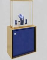 China Luxury Blue Gold Jewelry Showcase Custom Stainless Steel Glass Pedestal Cabinet LED Light Necklace Ring Retail Store Mall for sale